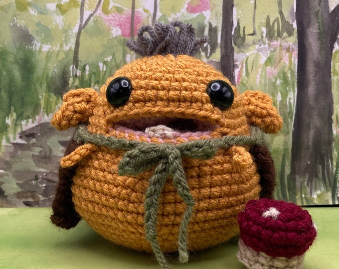 Goblin Elder, Cute Yellow Crochet Plush Goblin With a Mushroom Snack ...