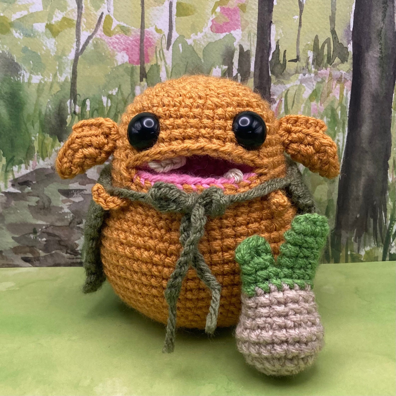 Goblin, Yellow Crochet Plush Goblin With a Leek and Stylish Cape ...