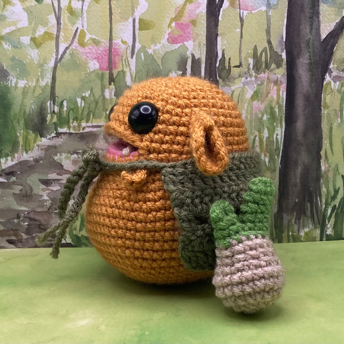 Goblin, Yellow Crochet Plush Goblin With a Leek and Stylish Cape ...