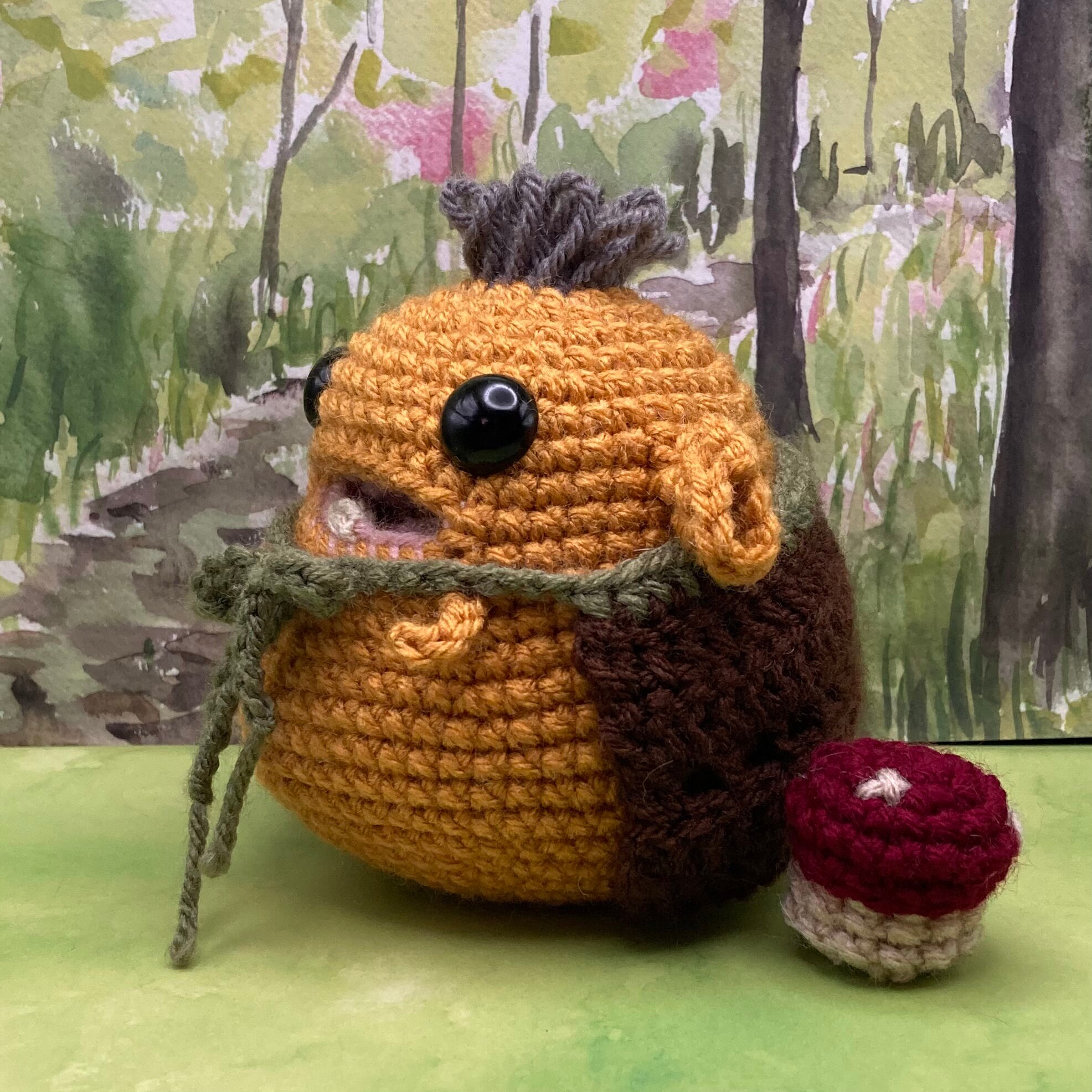 Goblin Elder, Cute Yellow Crochet Plush Goblin With a Mushroom Snack ...