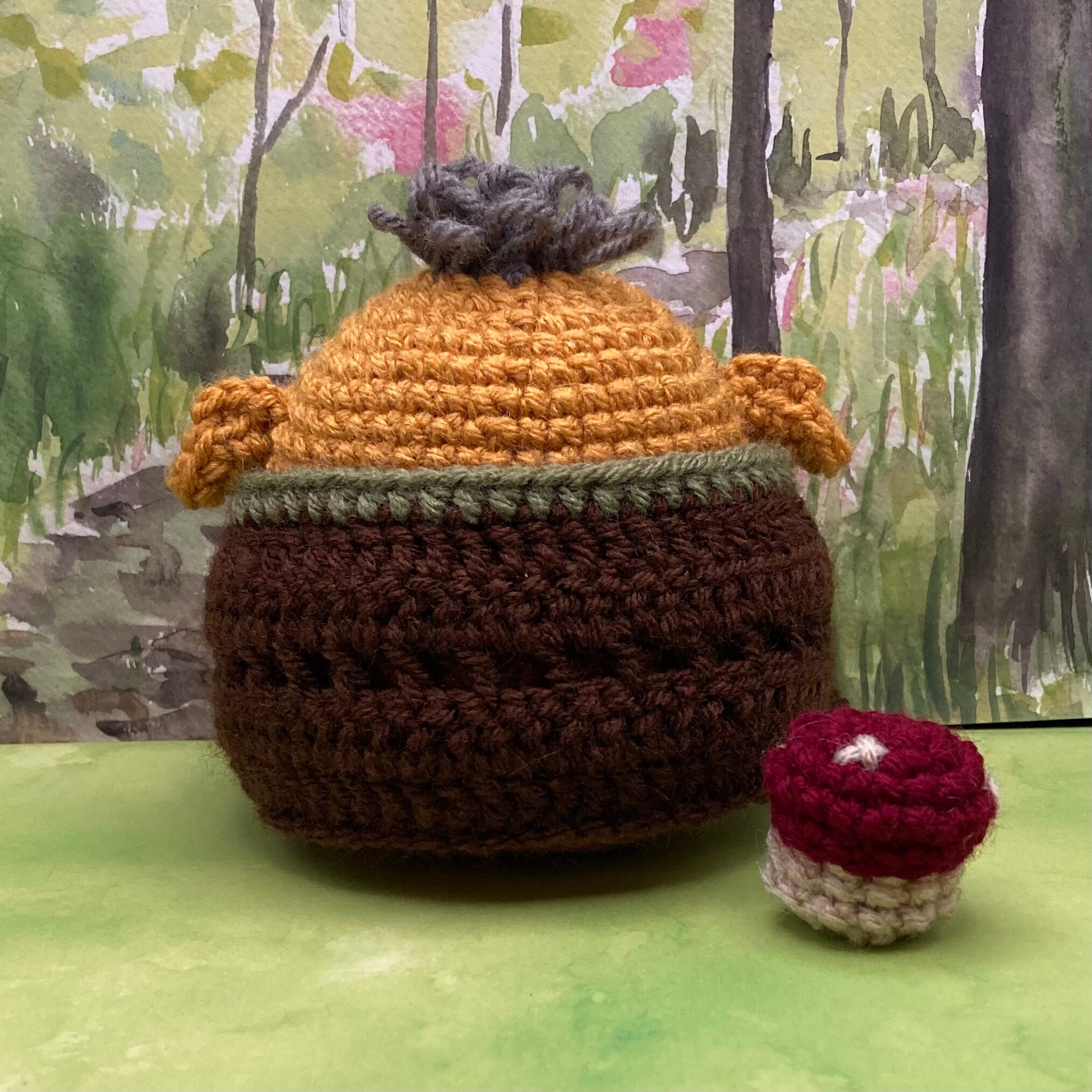 Goblin Elder, Cute Yellow Crochet Plush Goblin With a Mushroom Snack ...