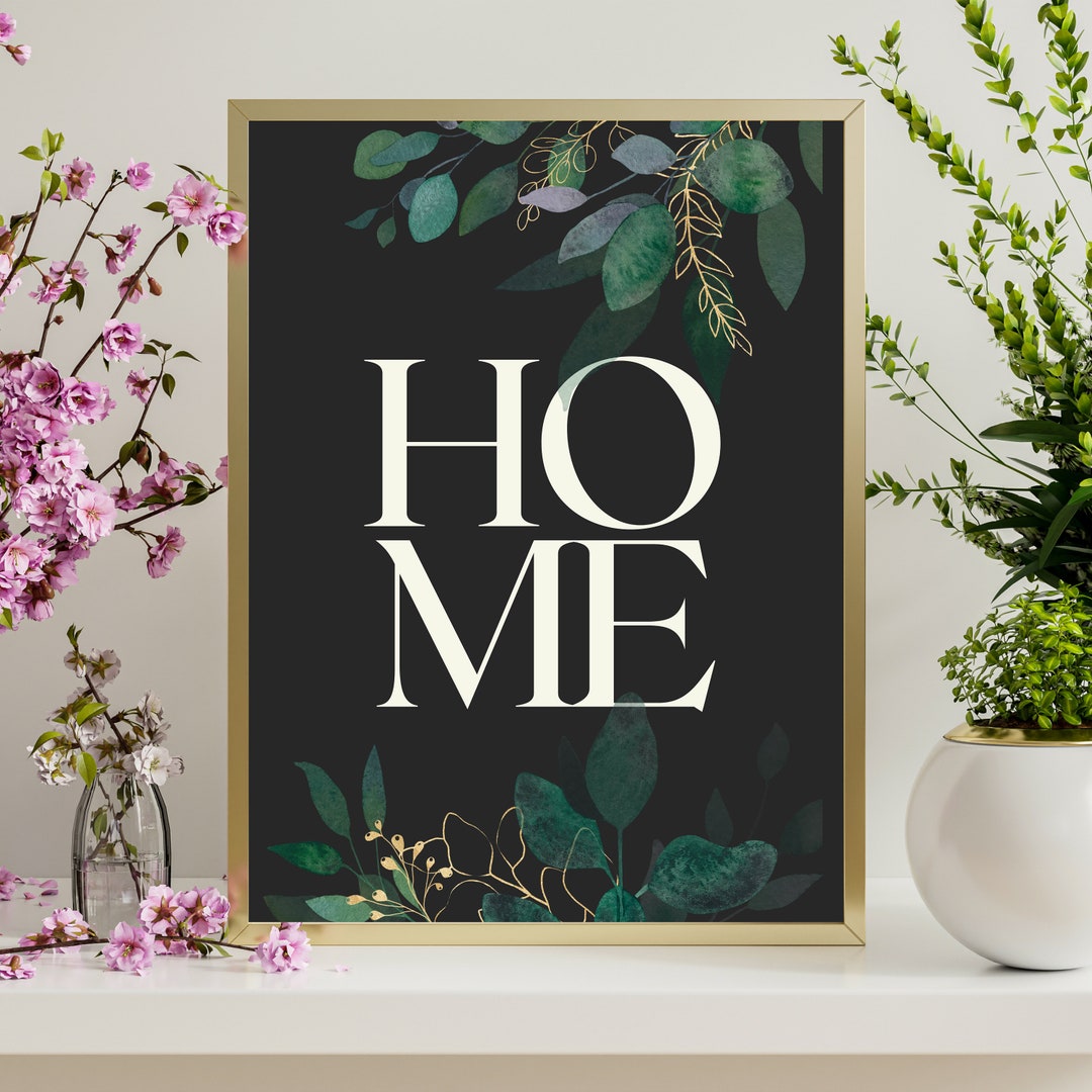 Home Typography Wall Art With Green and Gold Leaves Printable Wall Art ...