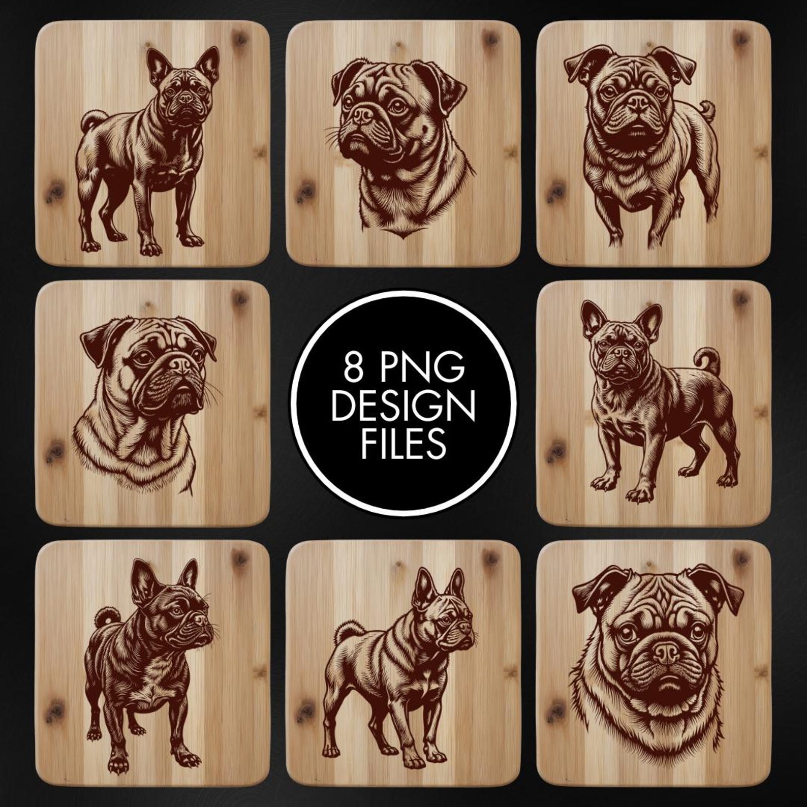 8 Pug Cutting Board PNG SVG Files, Laser Engraving Files, Laser Burning ...