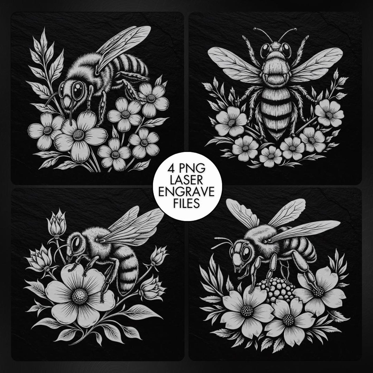 4 Bumble Bee Flowers Laser Engraving PNG, Slate Engraving PNG, Laser ...