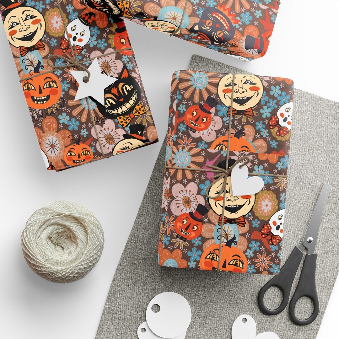 Retro Halloween Character Wrapping Paper Roll, Vintage Gift Wrap for ...