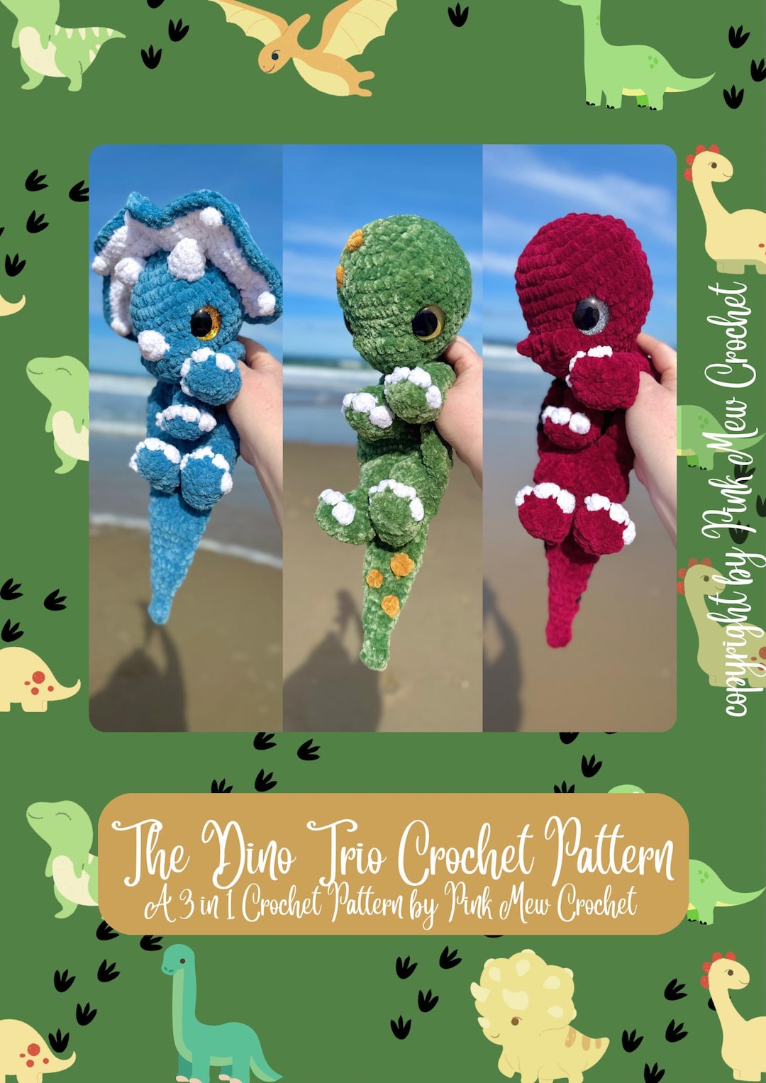 The Dino Trio Snuggler Crochet Pattern, Dinosaur, Lovey, Crochet ...