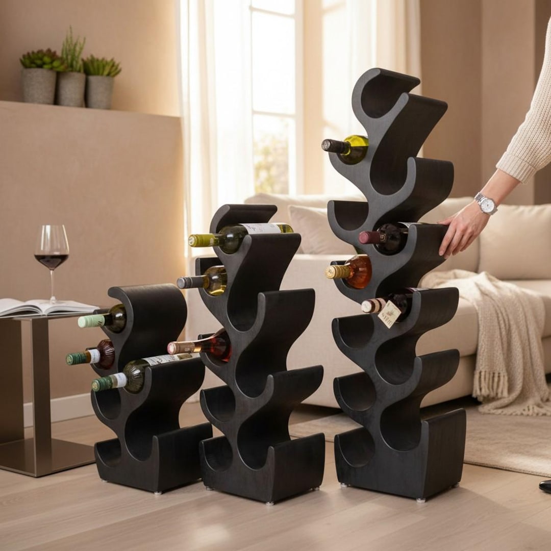 Elegant Wine Rack Made of Black Wood: Wall-mounted or Freestanding ...