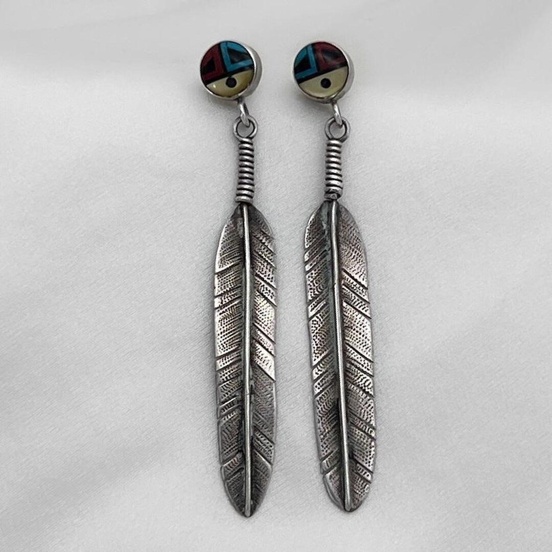 Vintage Zuni Sterling Inlay Sun Face Feather Earrings - Etsy