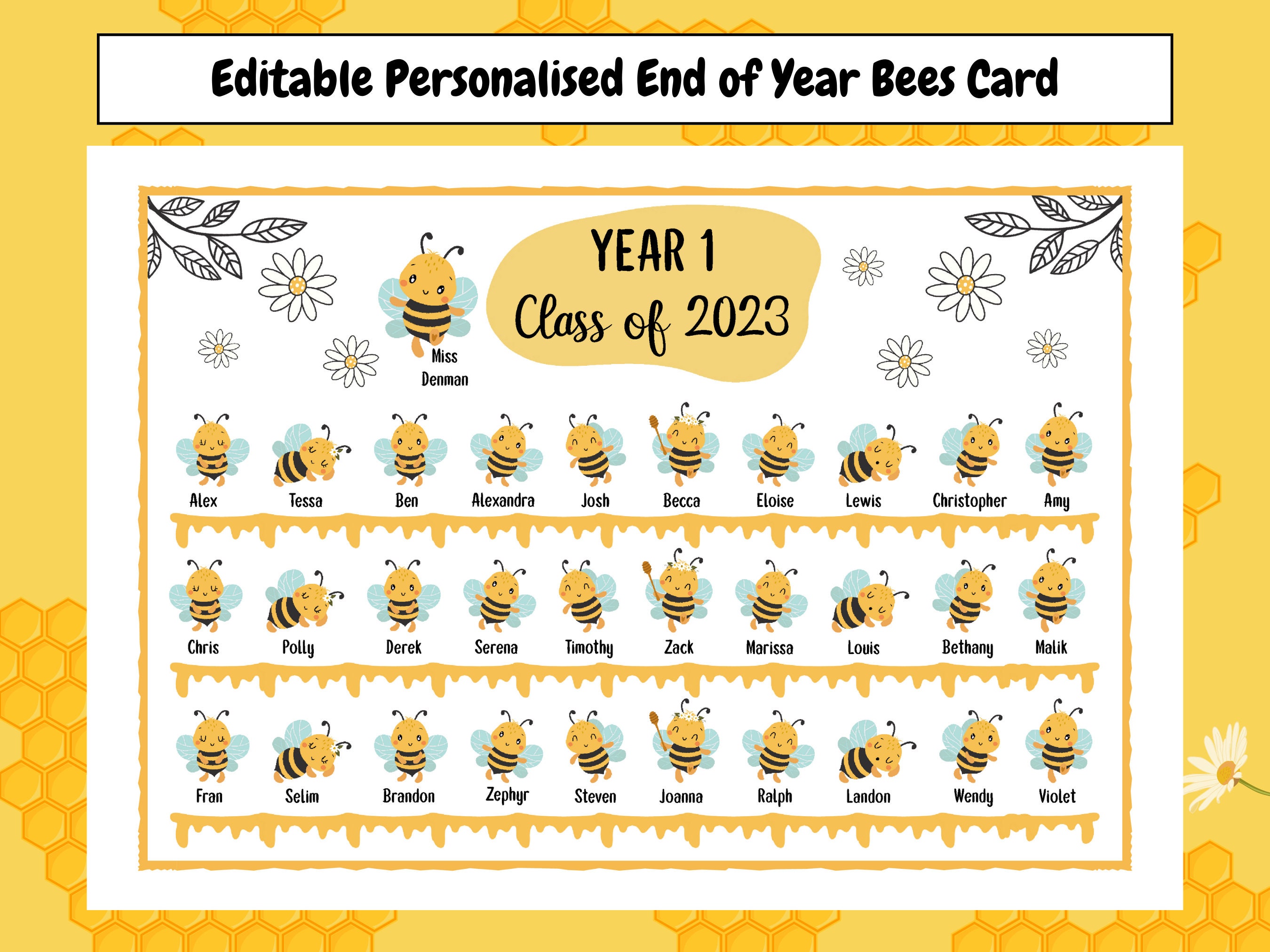 Editable Personalised End of Year Bees Card - Etsy UK