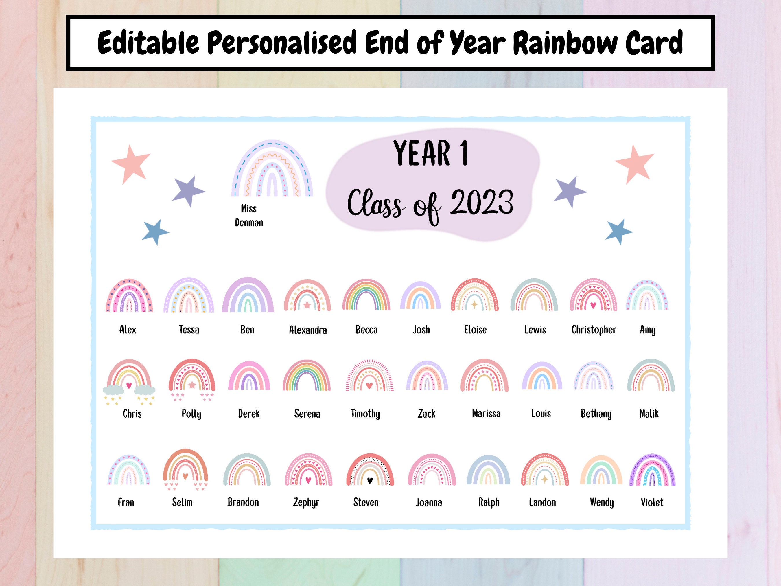 Editable Personalised End of Year Rainbow Card - Etsy