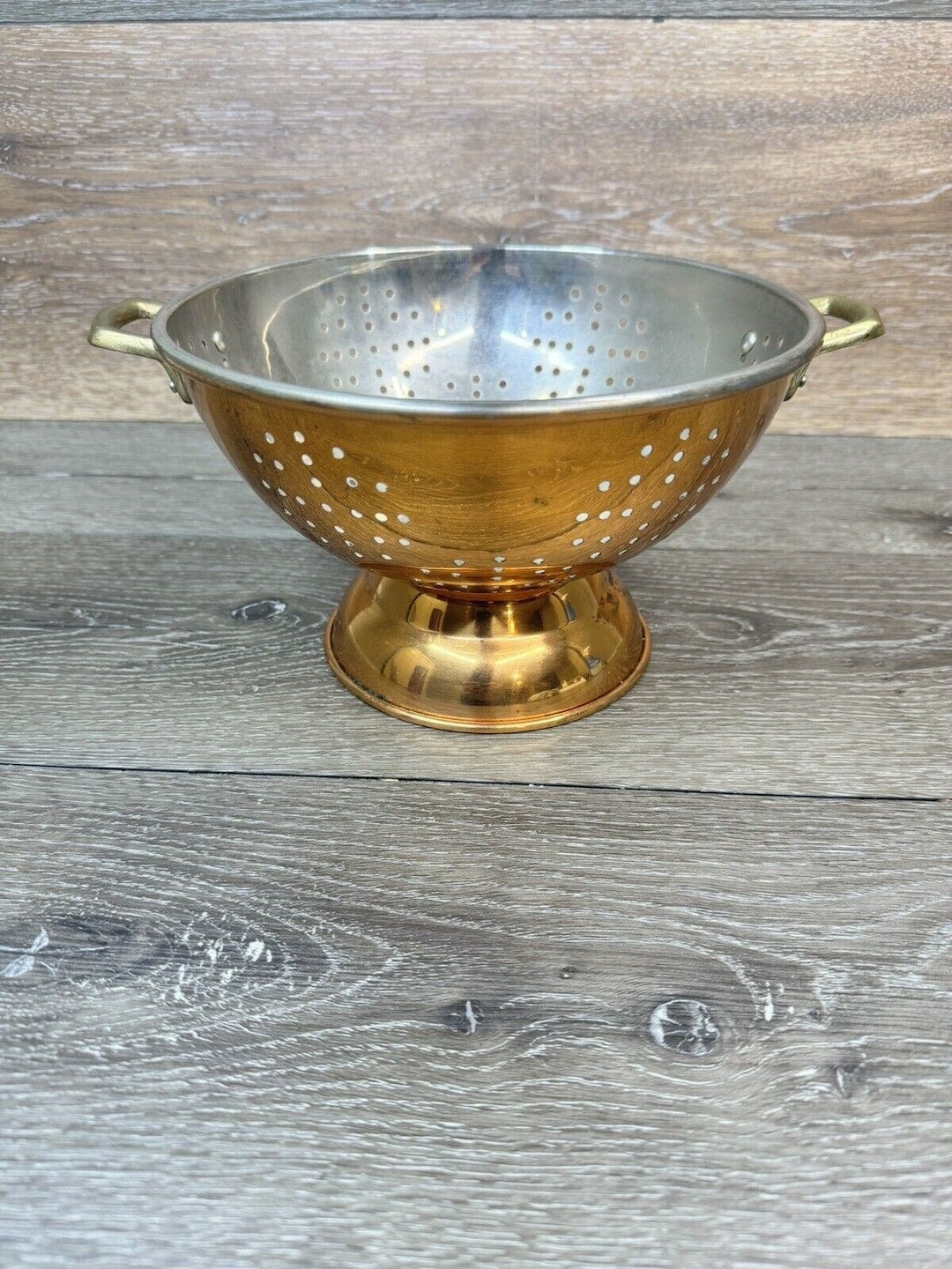 Vintage ODI 9'' Copper Colander Strainer Brass Handles Pedestal Footed ...