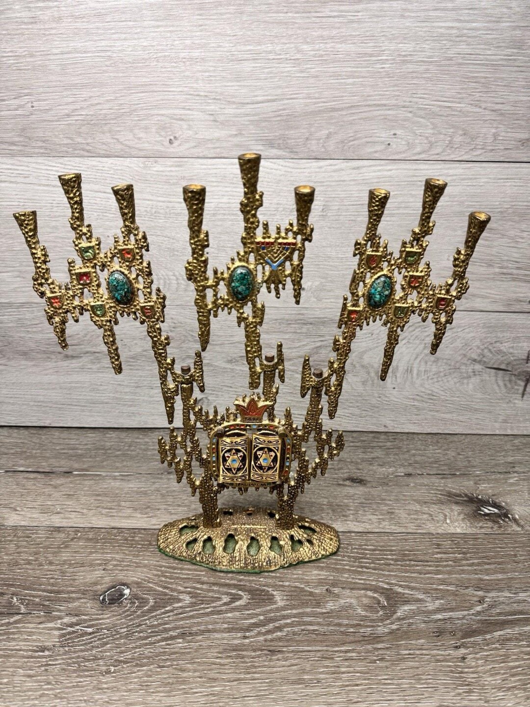 Vintage Brutalist Brass Hanukkah Menorah Israel Wainberg Swivel Arms ...