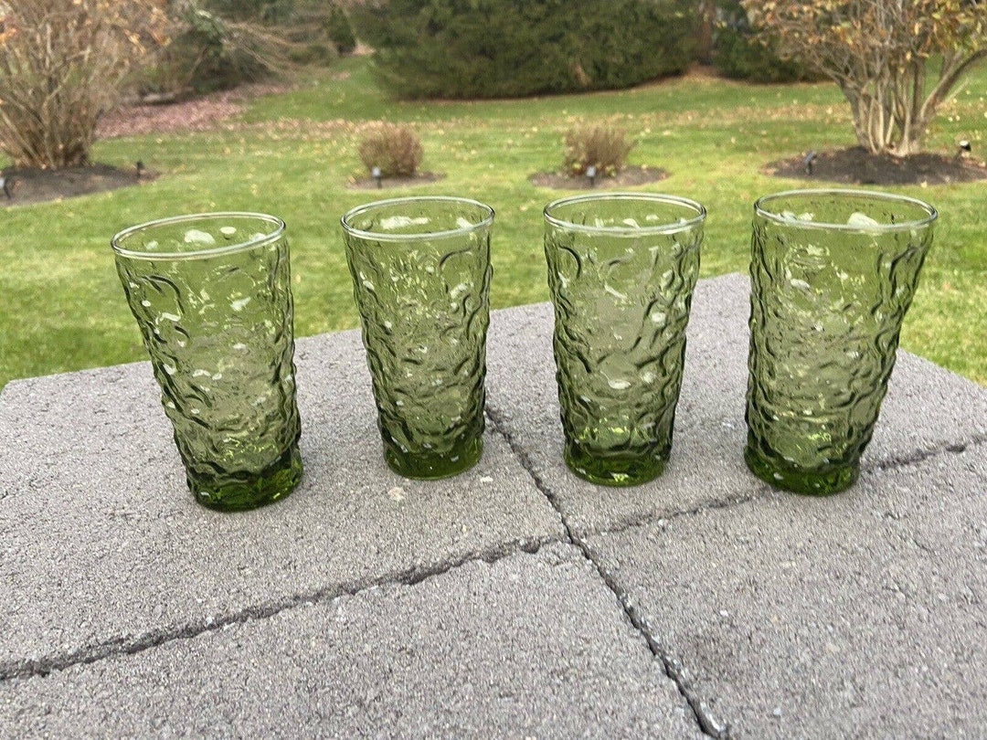 VTG Anchor Hocking Avocado Green Lido Milano Crinkle 12 Oz Glasses 5 1/ ...