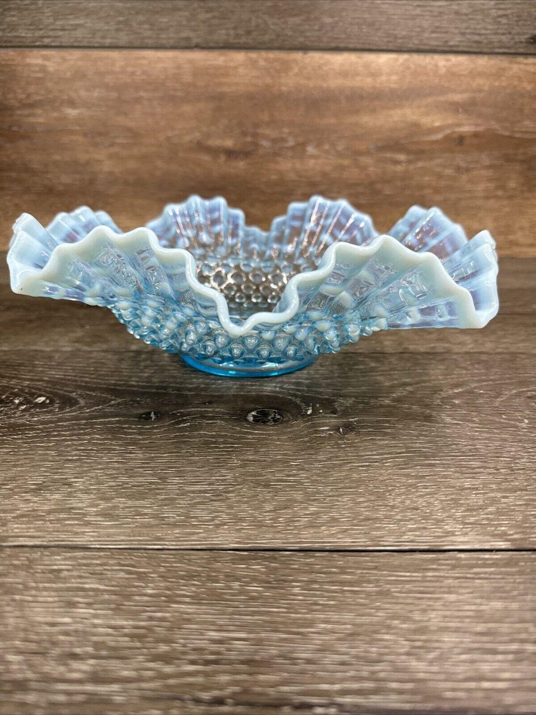 Fenton Hobnail Blue Opalescent Double Crimped 10 Inch Glass Bowl~ Light ...