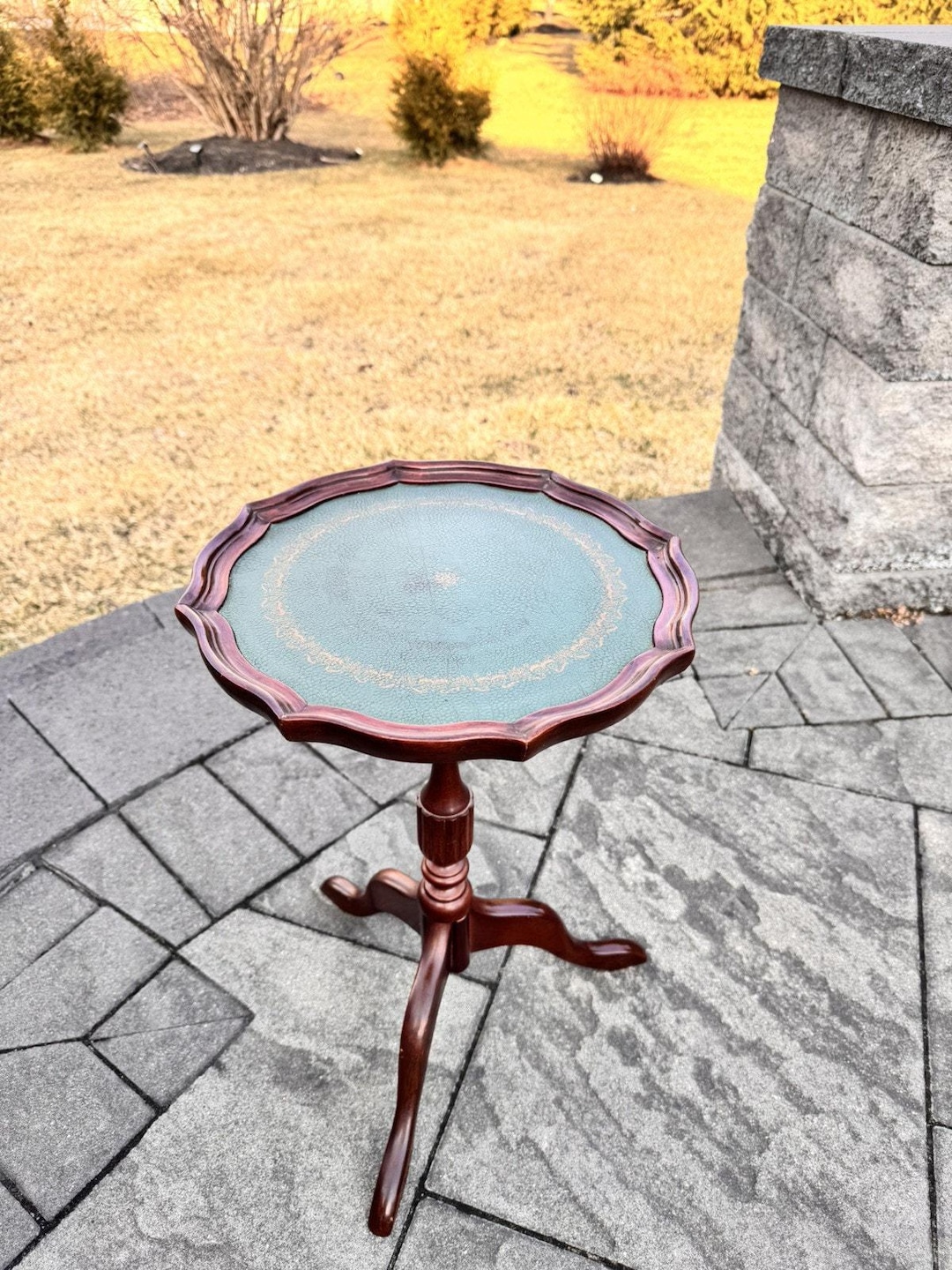 Pie Crust Leather Top Wood Side Table Vintage Bombay Company Plant ...