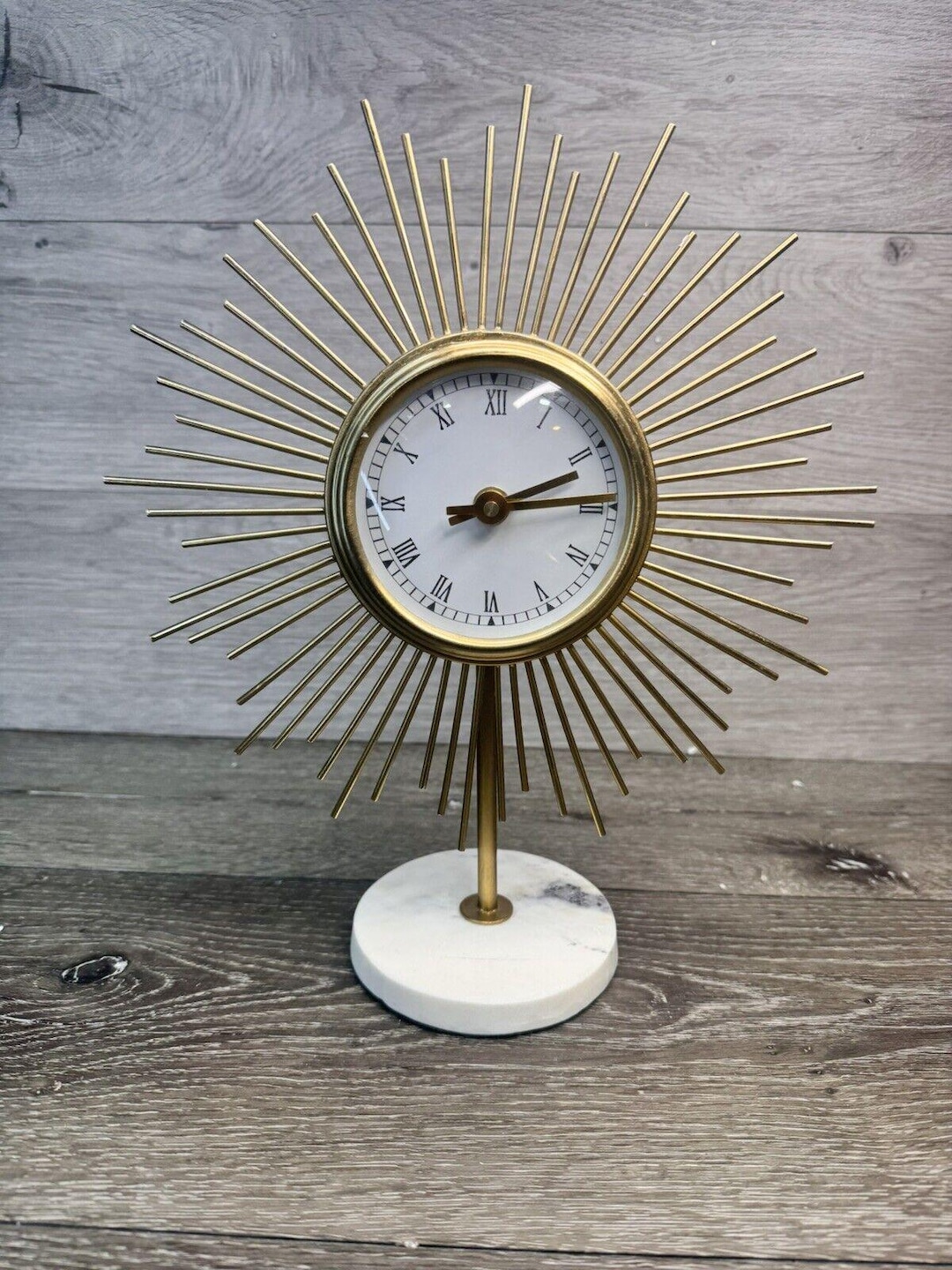 Retro Gold Sunburst Style Tabletop Clock With Marble Base 12.5 Tall 11 ...