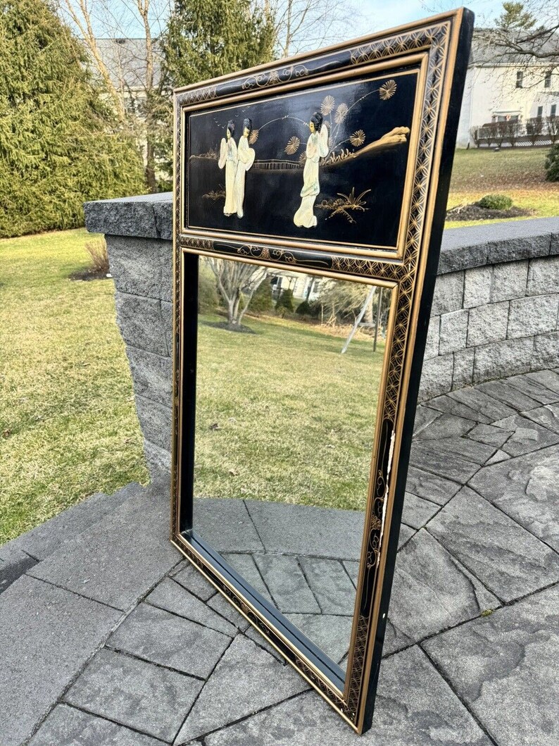 VTG Chinese Black Lacquer Mother of Pearl Panel Oriental Mirror 38x24 ...