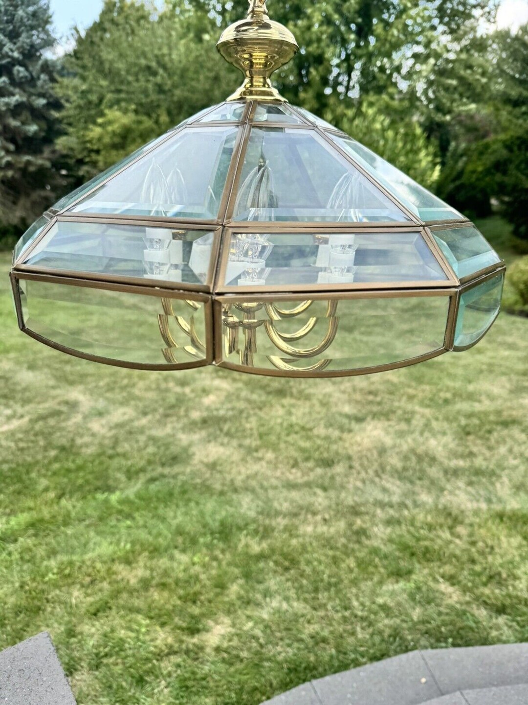 VTG Beveled Glass Brass 17" Hanging Chandelier 36 Beveled Glass 6 ...