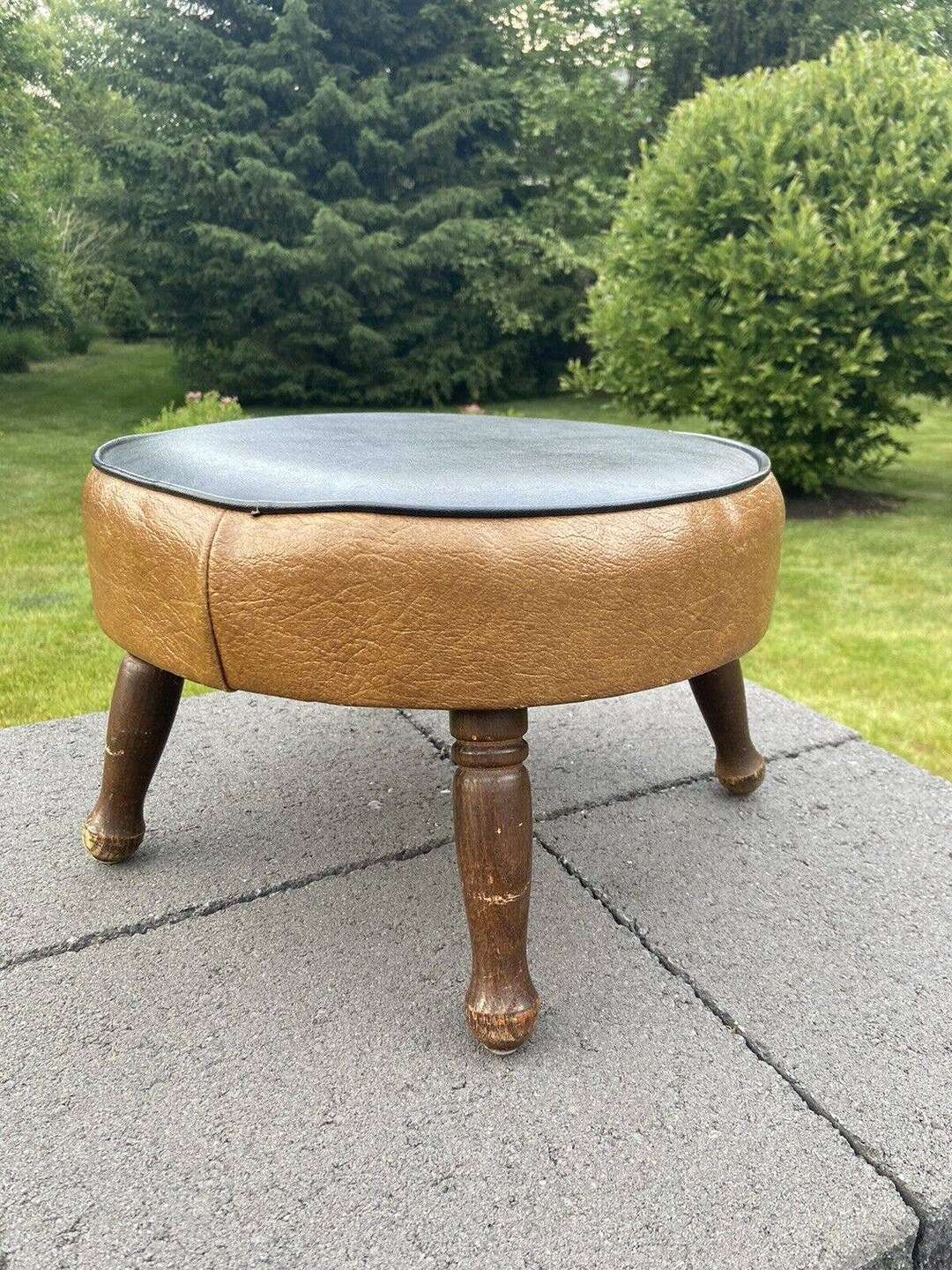 Vintage MCM 14 Small Footstool Faux Leather Ottoman Footrest 9.5 Tall ...