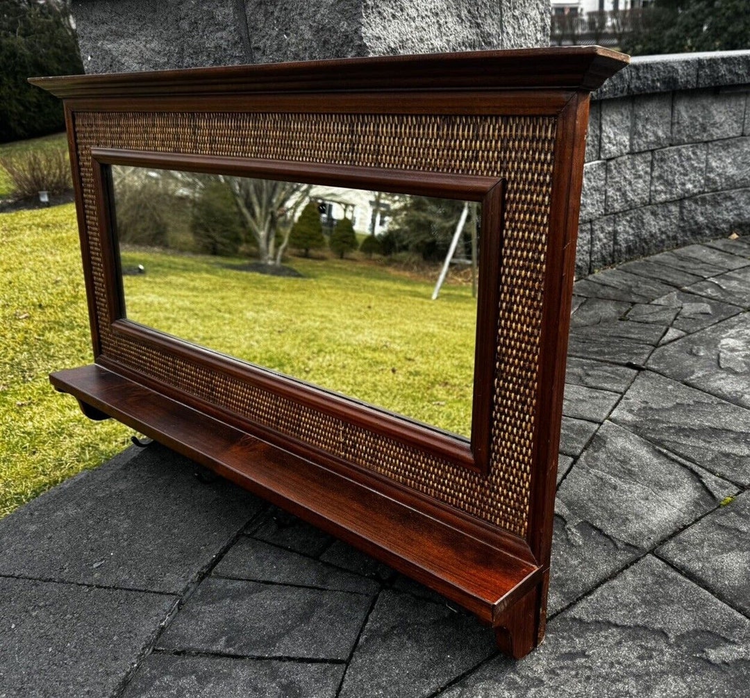 Pier 1 Imports Pyramid Collection Wicker &wood Wall Mirror W/coat Hooks ...