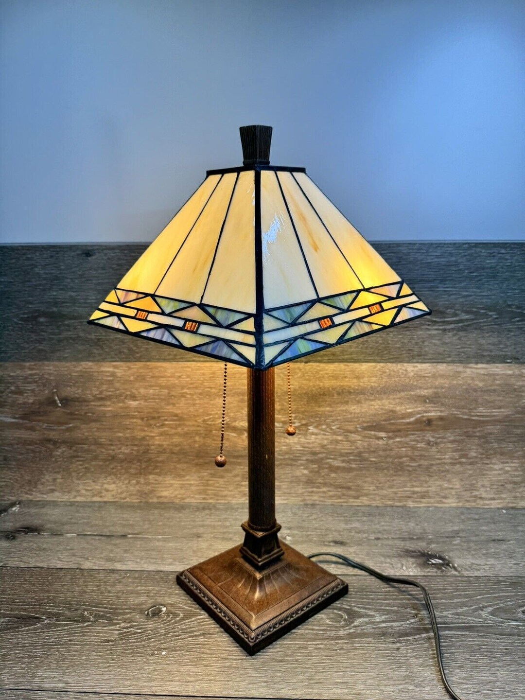 VTG Stained Glass Double Pull Chain Prairie Style Table Lamp 21 Metal ...