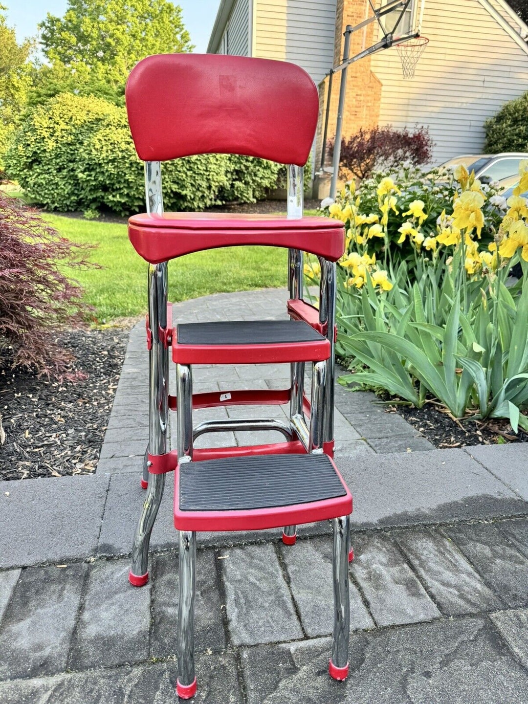 Cosco Kitchen Step Stool Pull Out Steps Chair Red Vinyl Chrome 35 Tall ...