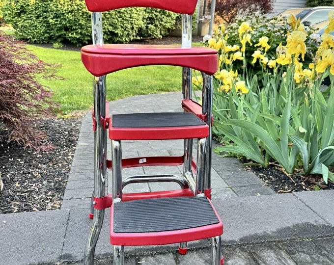 Cosco Kitchen Step Stool Pull Out Steps Chair Red Vinyl Chrome 35” Tall ...