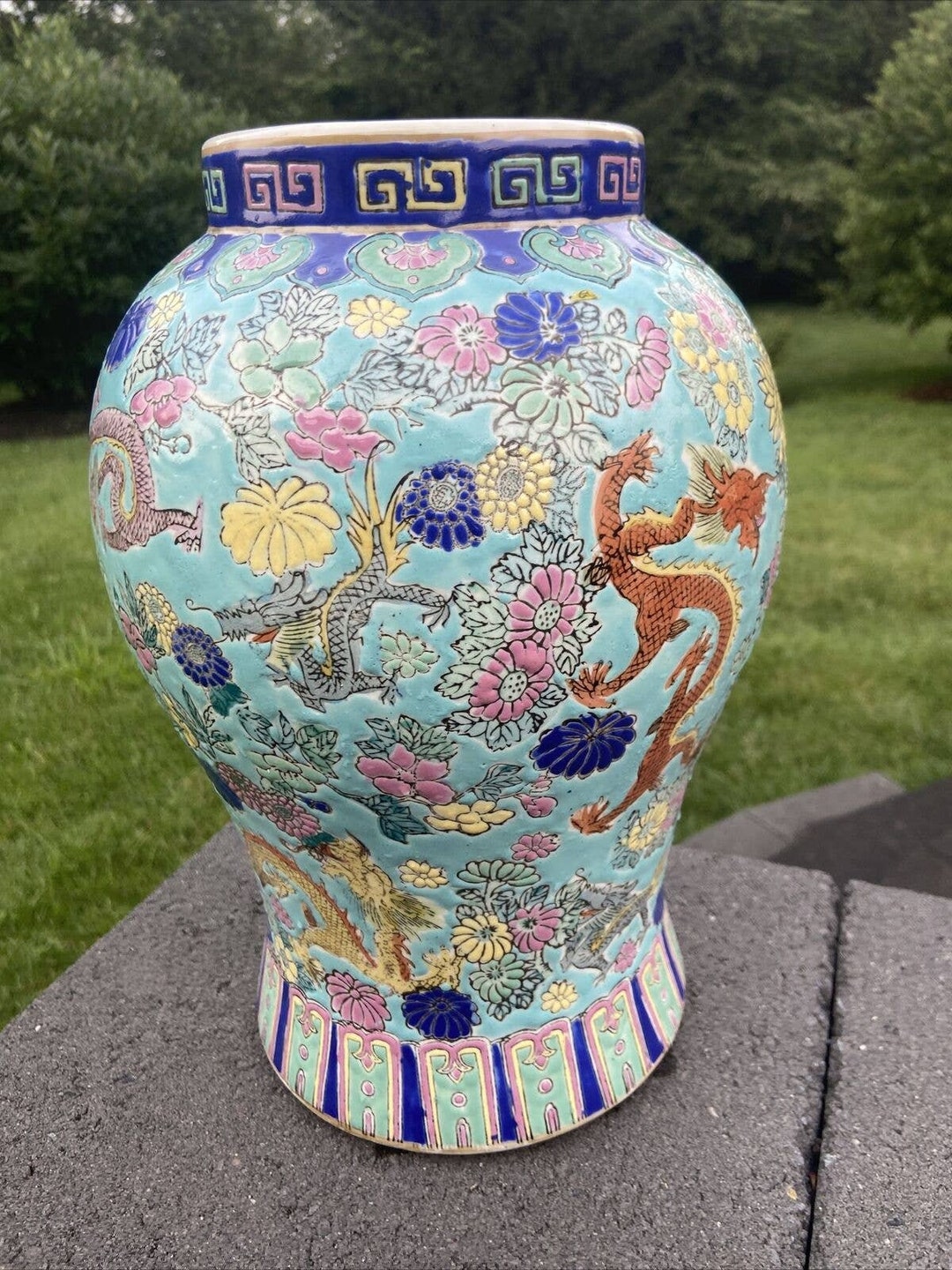 Vintage Large Chinese Porcelain Vase With Dragon and Flowers 12.5 Tall ...