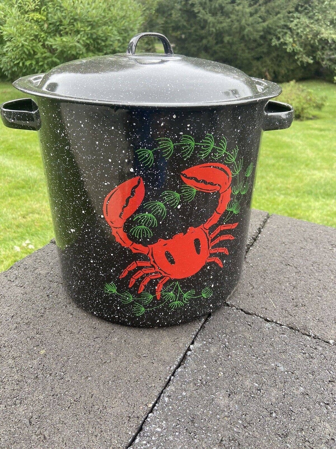 Vintage Black Speckled Enamelware Painted Crab Lobster Canning Pot 12 ...