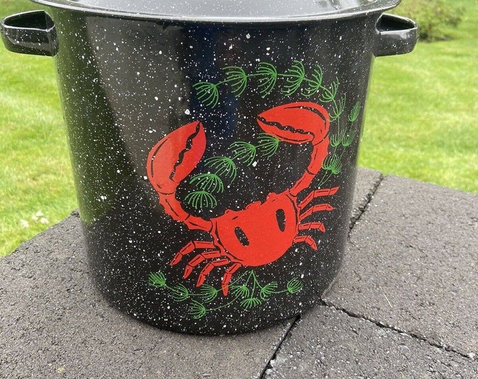 Vintage Black Speckled Enamelware Painted Crab Lobster Canning Pot 12 ...