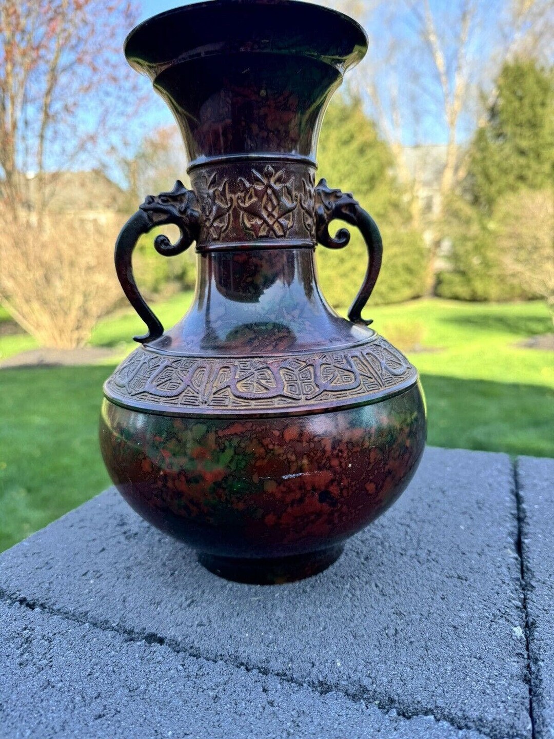 Antique Japanese Champleve Bronze Enamel Cloisonne Vase Urn 11” Double ...