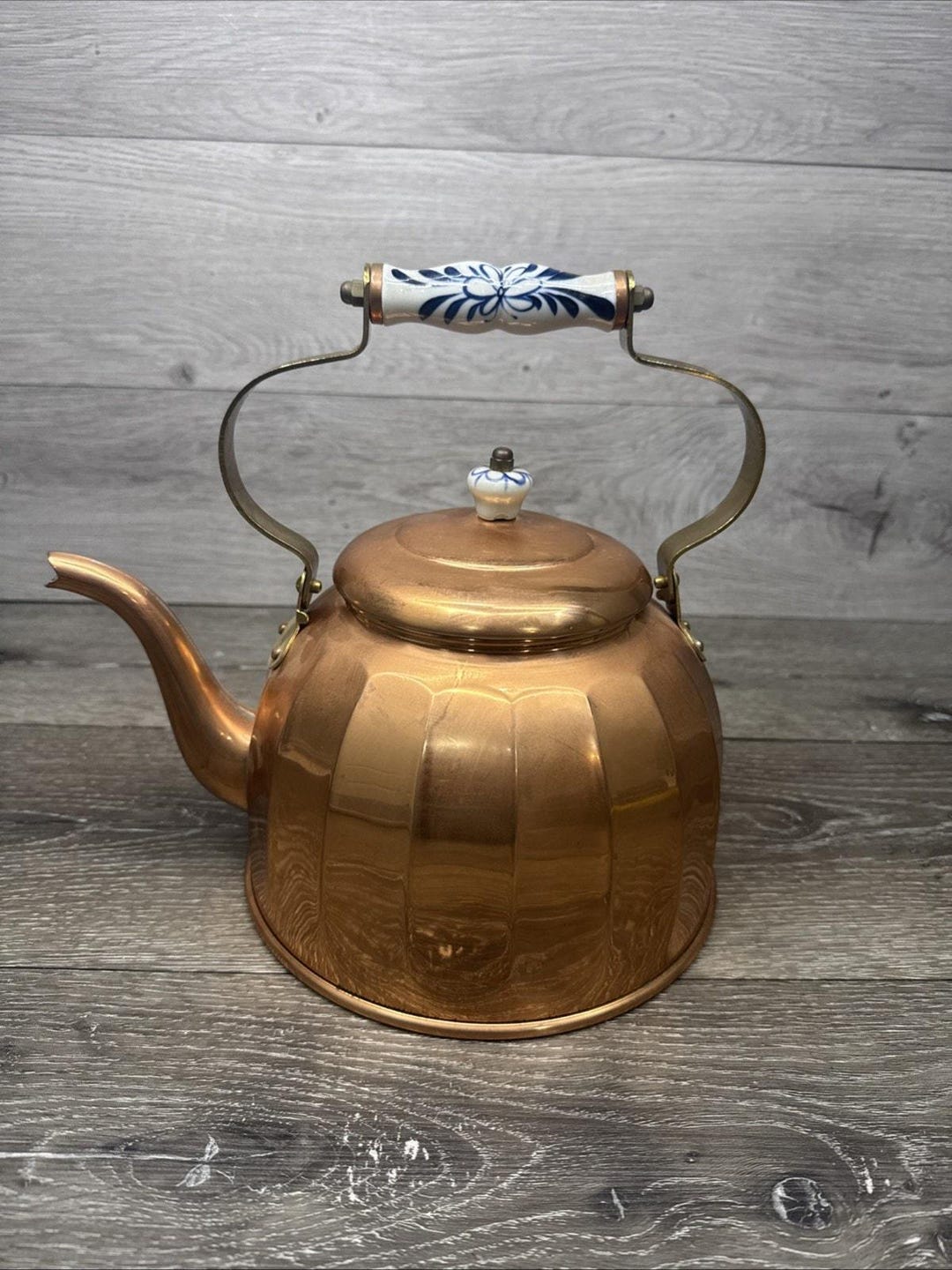 Vintage Large Metalutil Copper Tea Kettle W/ Blue Delft Handle Made in ...