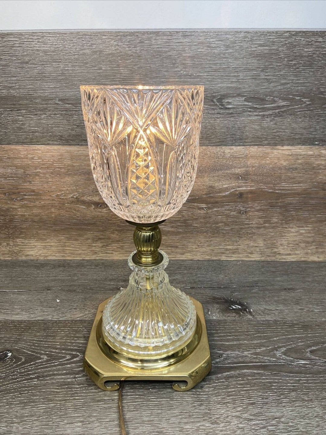Vintage Crystal and Brass Hurricane Style Electric Table Lamp 13.5 ...