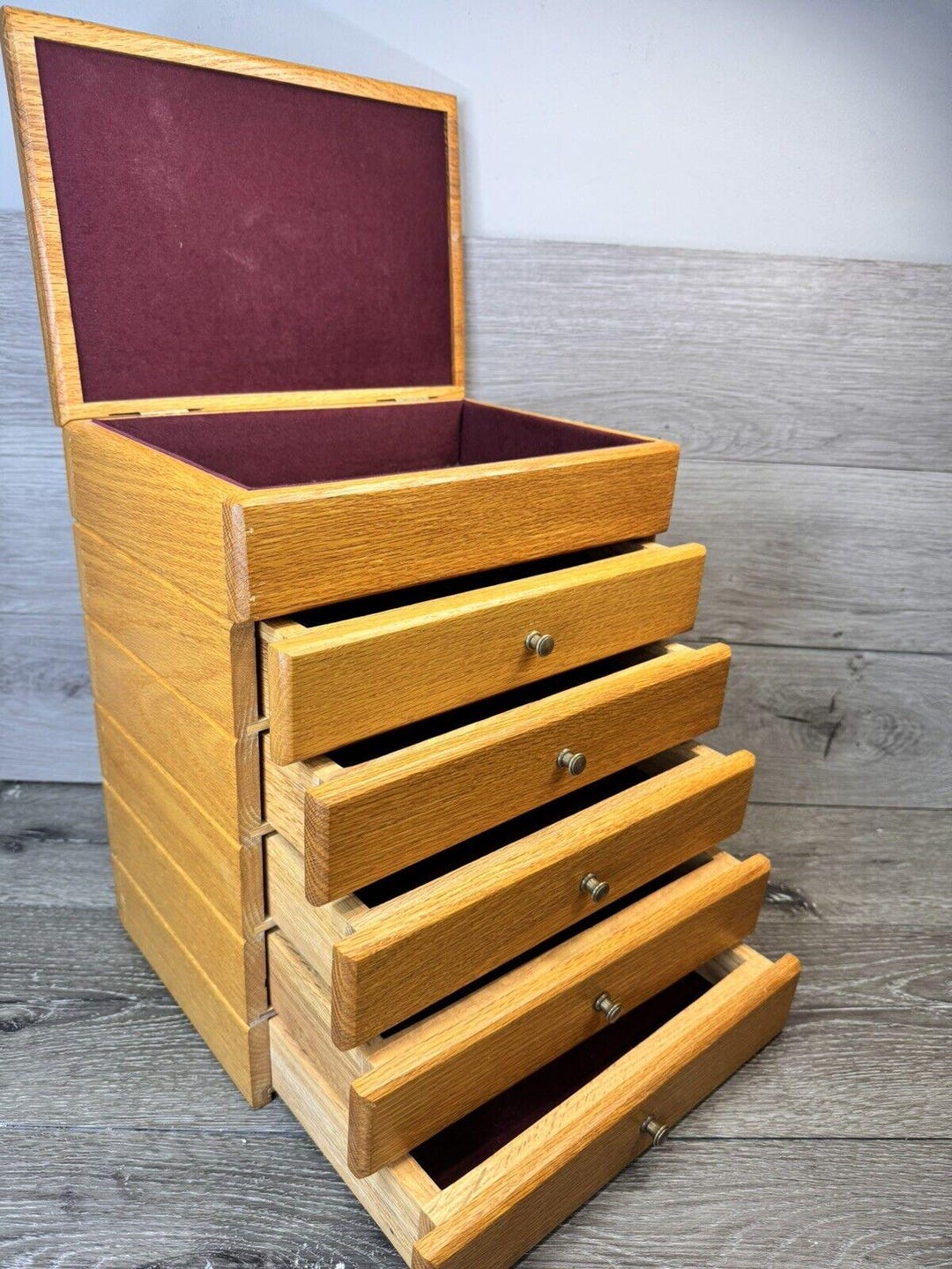 Vintage Solid Oak Wood Jewelry Box With 5 Drawers Lifting Top Anti ...