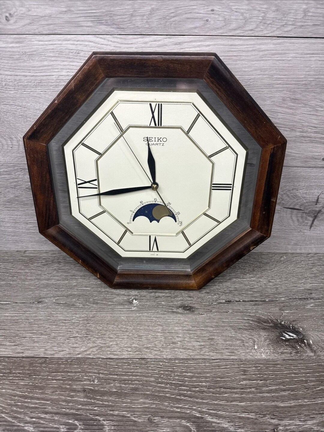 Seiko Moon Phase Quartz Wall Clock Octagonal Wooden Frame 11.5” Working ...