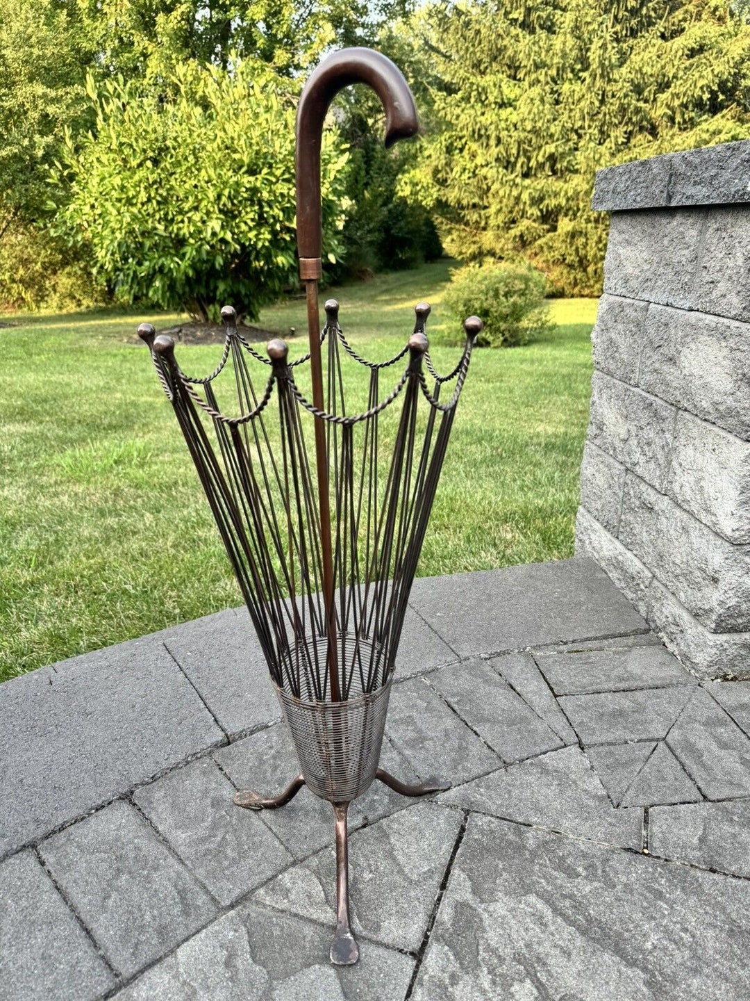 MCM Umbrella Shaped Stand Cane Walking Sticks Holder Metal Wire Wood ...