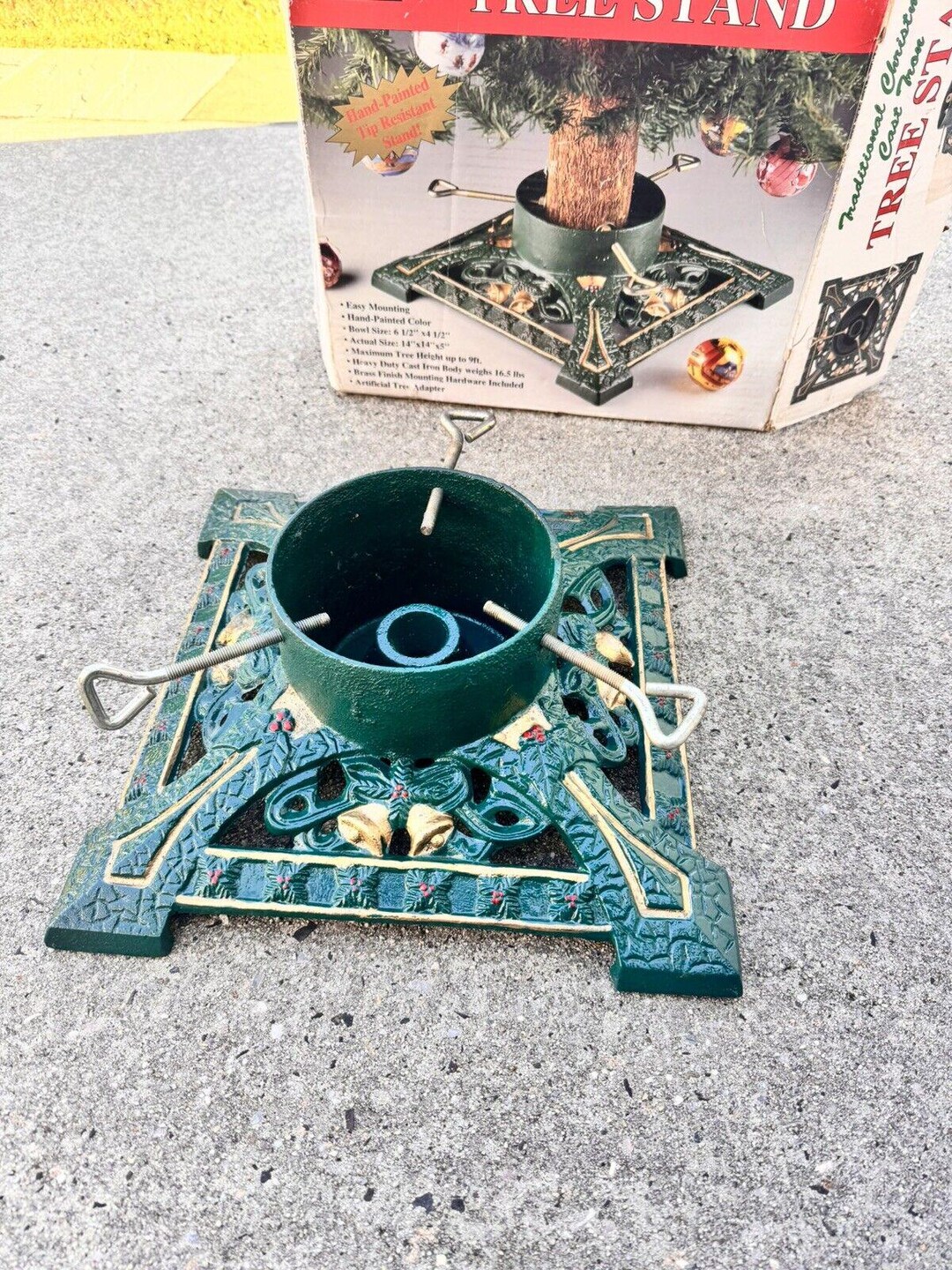Traditional Christmas Green Hand Painted Cast Iron Tree Stand Heavy 16. ...