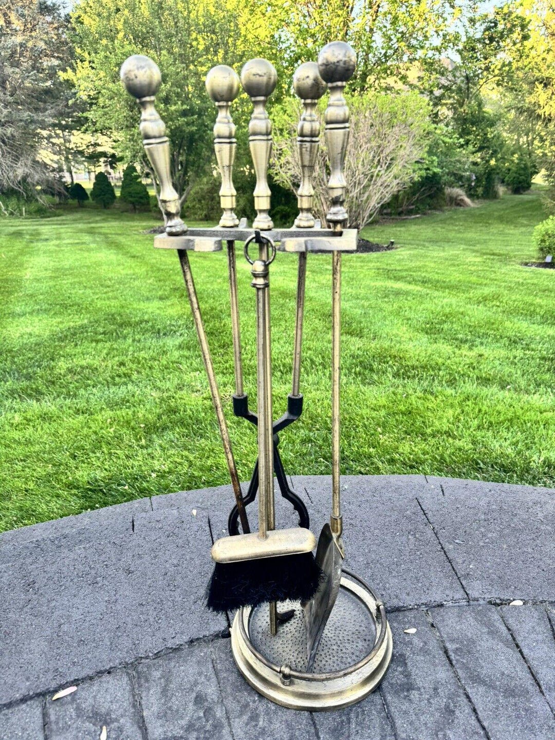 VTG Cast Metal Heavy 14.1 Lb Solid 5-pc Fireplace Tool & Stand Set 31 ...