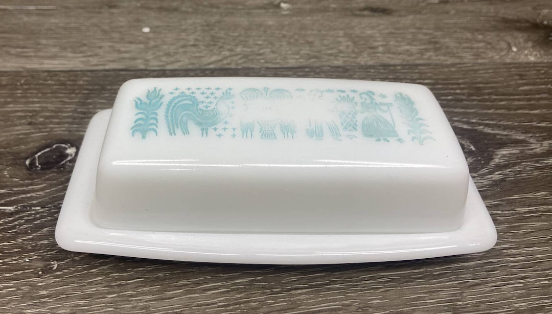 Vintage Pyrex Butter Dish W Lid Amish Print Butterprint Turquoise White ...