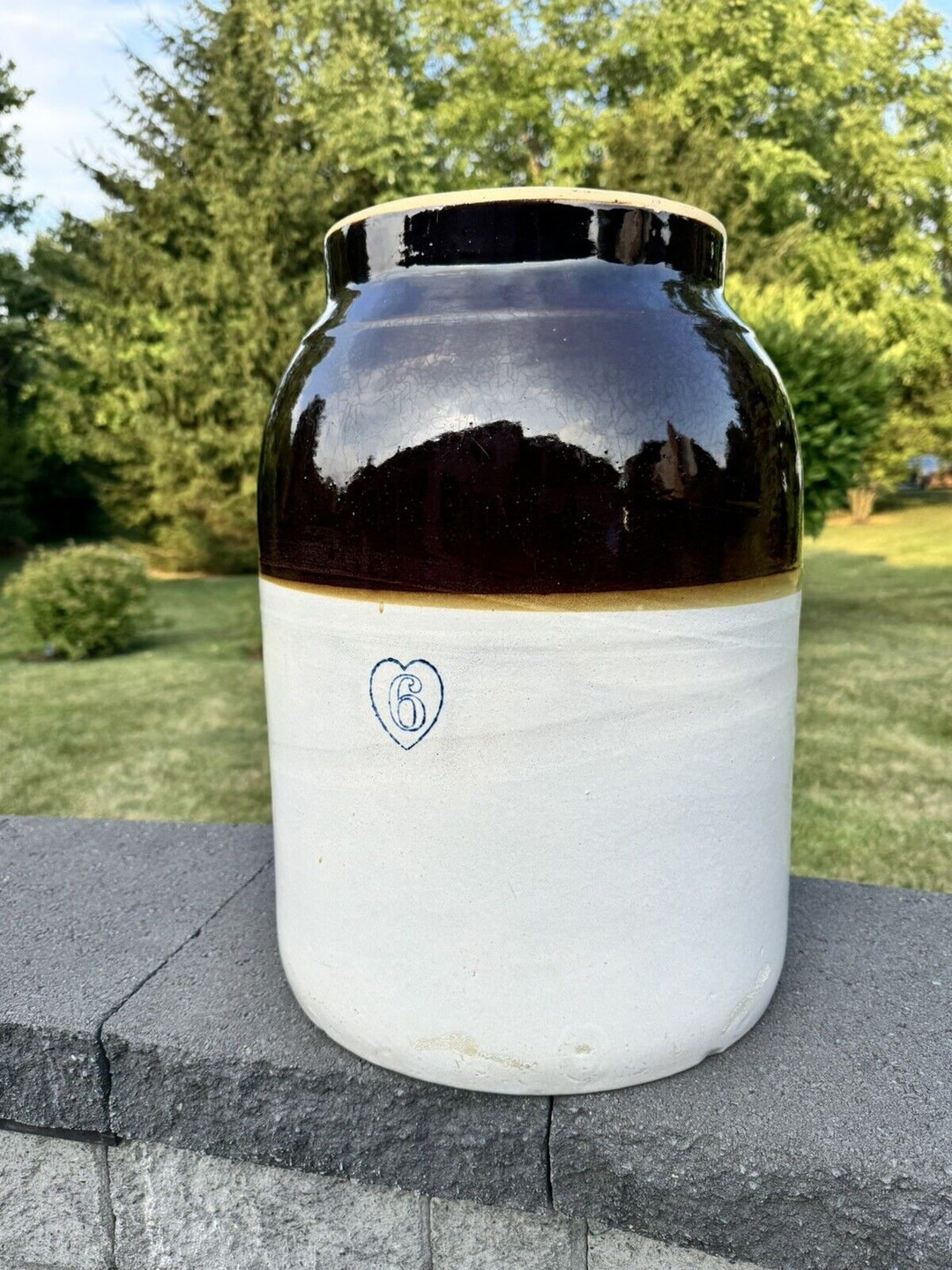 Antique 6 Heart Brown Tan Glazed Stoneware 18” Tall Butter Churn Crock ...
