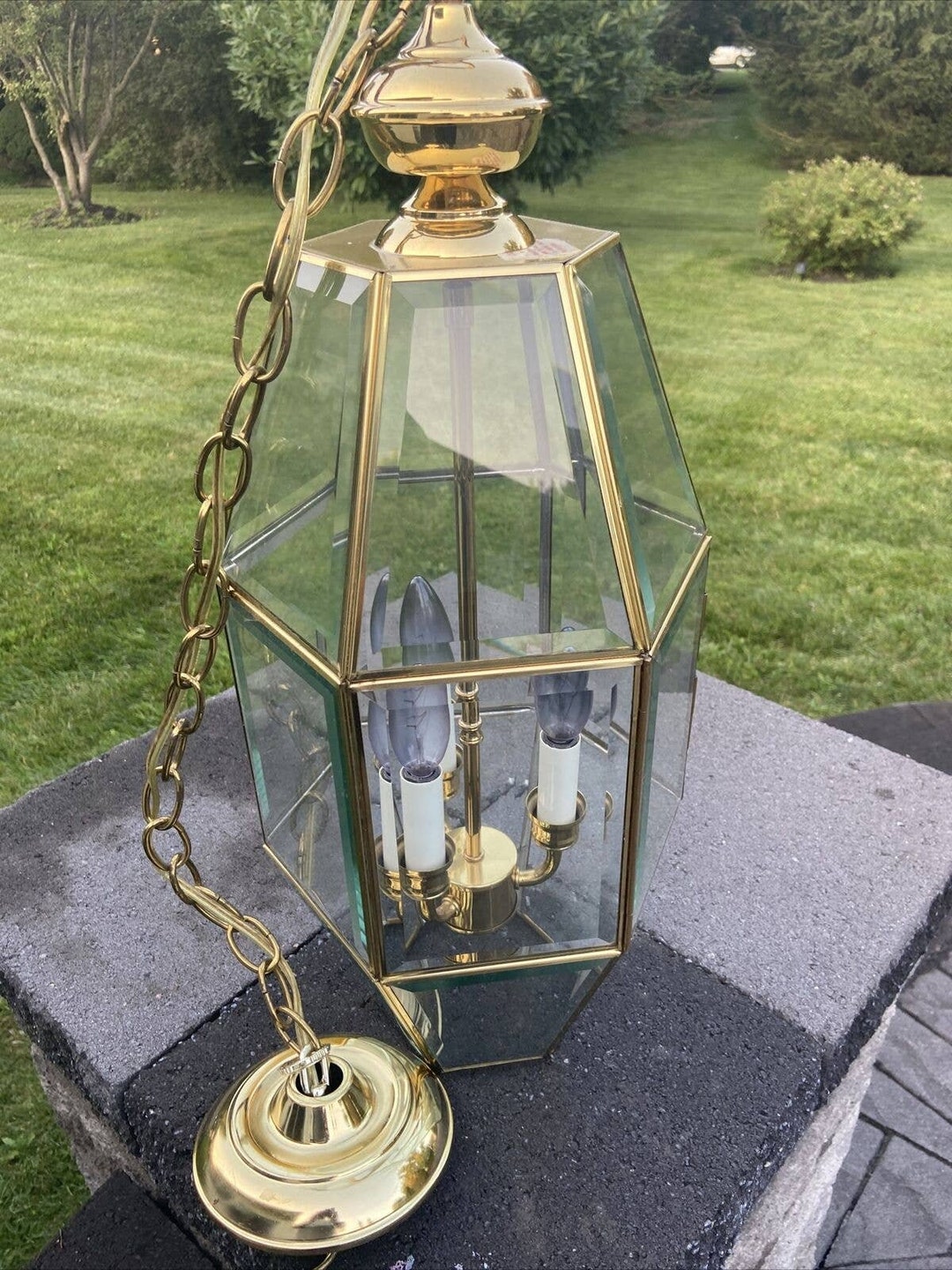 Vintage 18 Beveled Glass Panels Brass Hexagonal Chandelier 3 Lights 24 ...