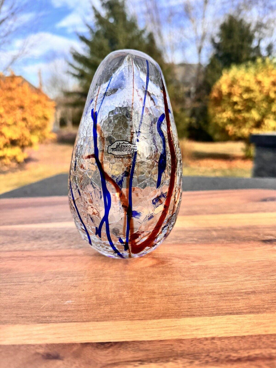 2019 Blenko Blown Art Glass Egg Shell Crackled Pattern Paperweight 6.25 ...