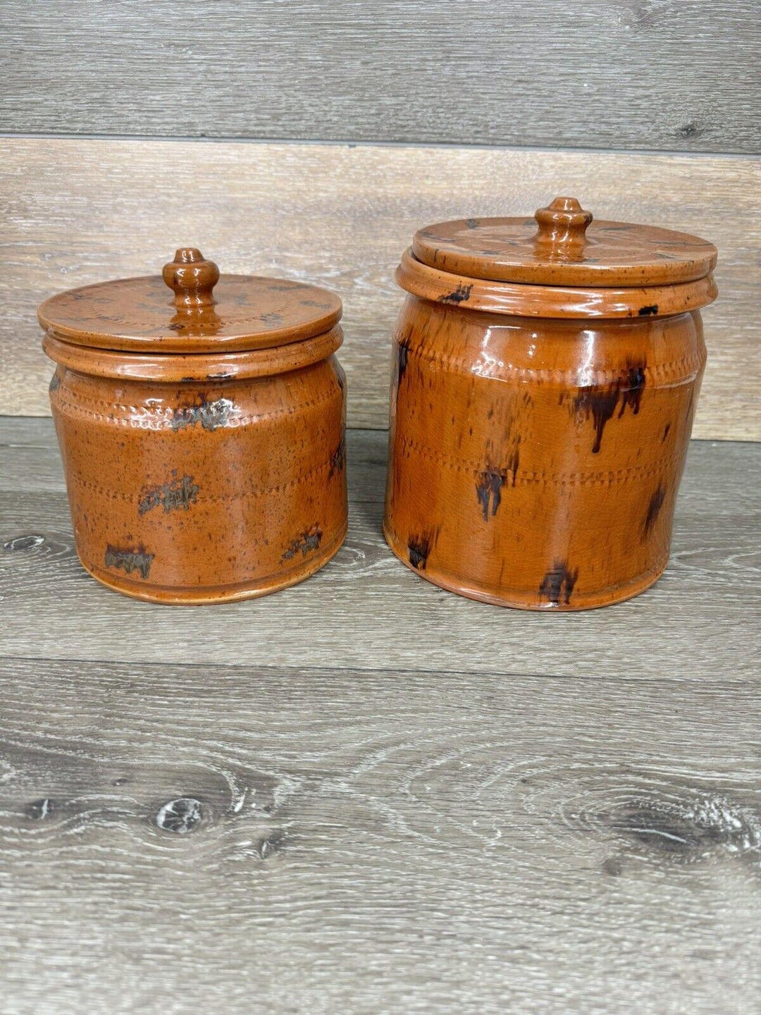 Vintage Williamsburg Pottery Redware Glazed Jar Canister Set of 2 Qt ...