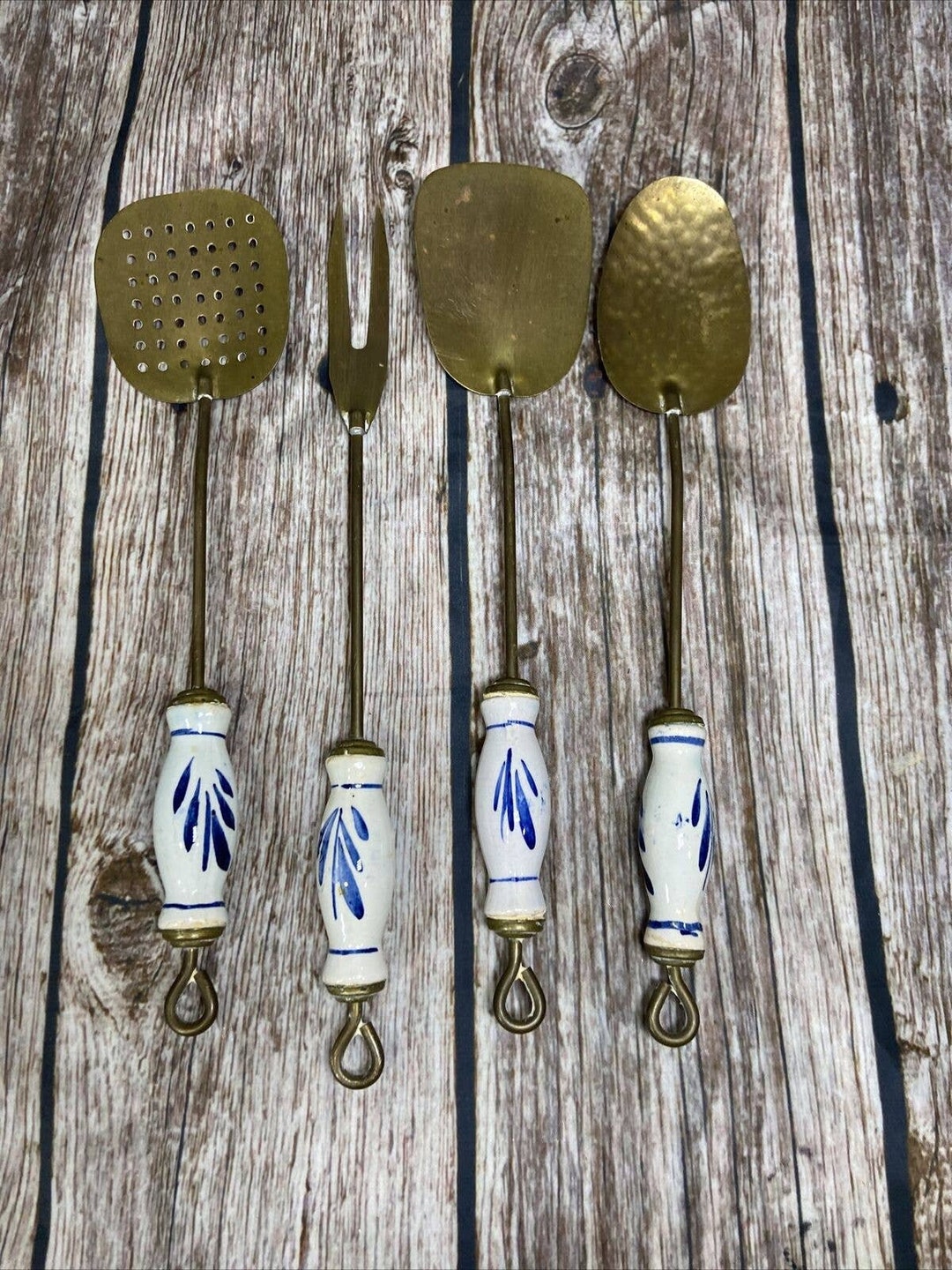 VTG Brass 4 Kitchen Utensils 12 W/ Delft Handles French Country ...