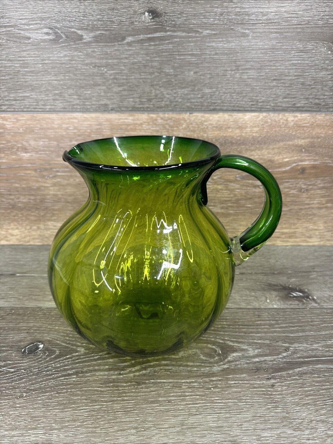 Hand Blown Art Glass Green Ribbed Glass Pitcher 8.75” W/ Applied Handle ...