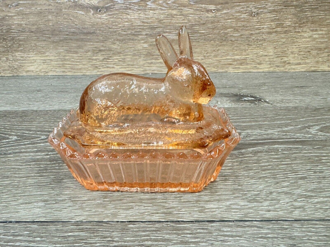 Vintage Pink Glass Bunny Rabbit on Nest Rectangular Covered Dish by ...