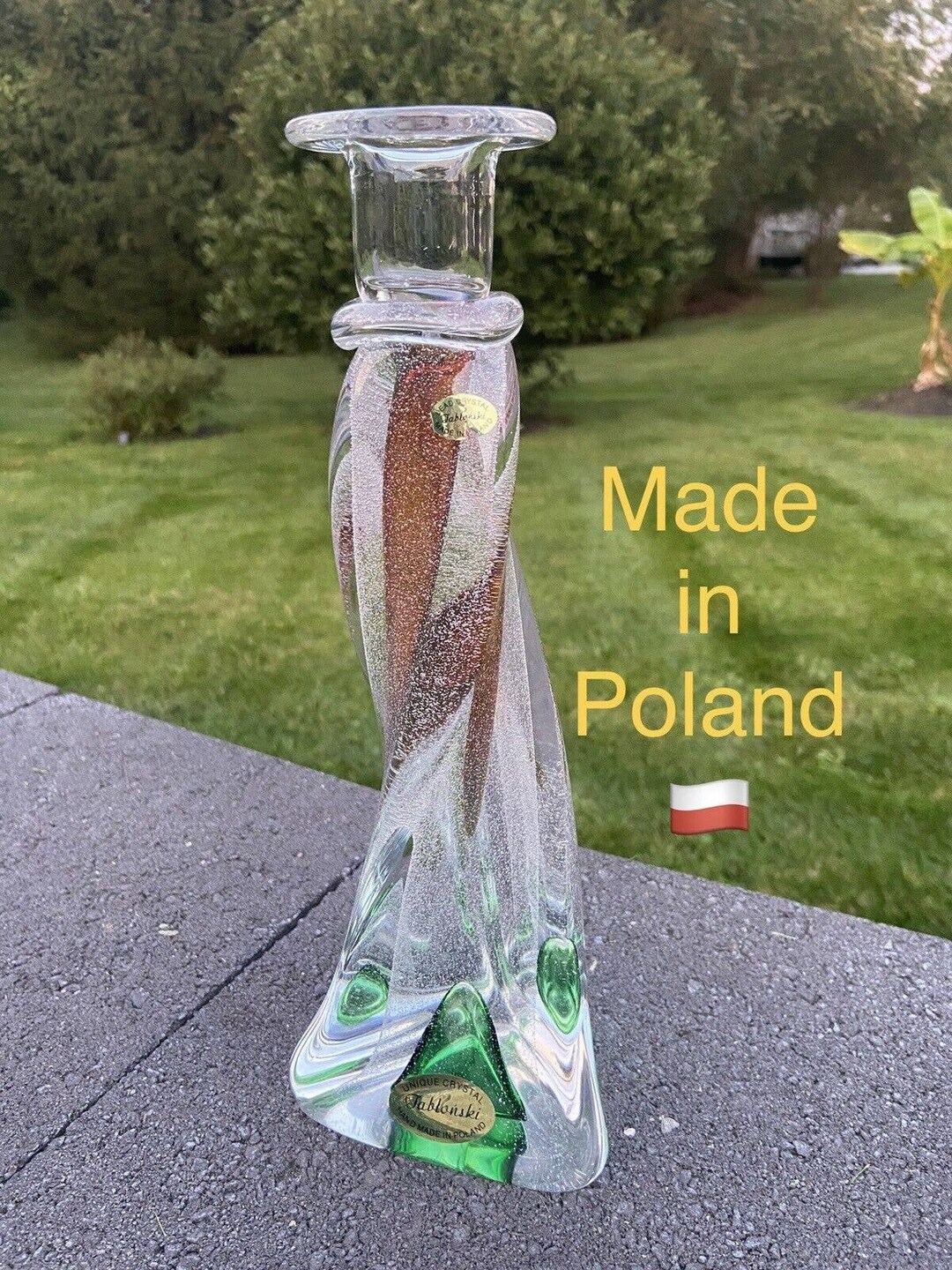 Adam Jablonski Signed Poland Art Glass Candle Holder Green & Amber 11.5 ...