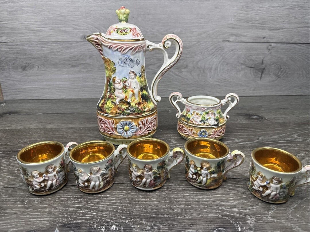 Vintage Capodimonte Coffee Pot Set Demitasse Espresso Cups Cherubs~7 Pc ...
