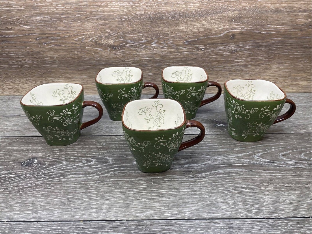 Temptations by Tara Square Green Floral Lace Mugs Cups 12oz Ovenware ...