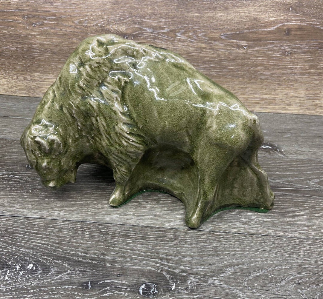 VTG Ceramic Bison Buffalo Figurine Glazed Green Ceramic Home Decor 11 ...